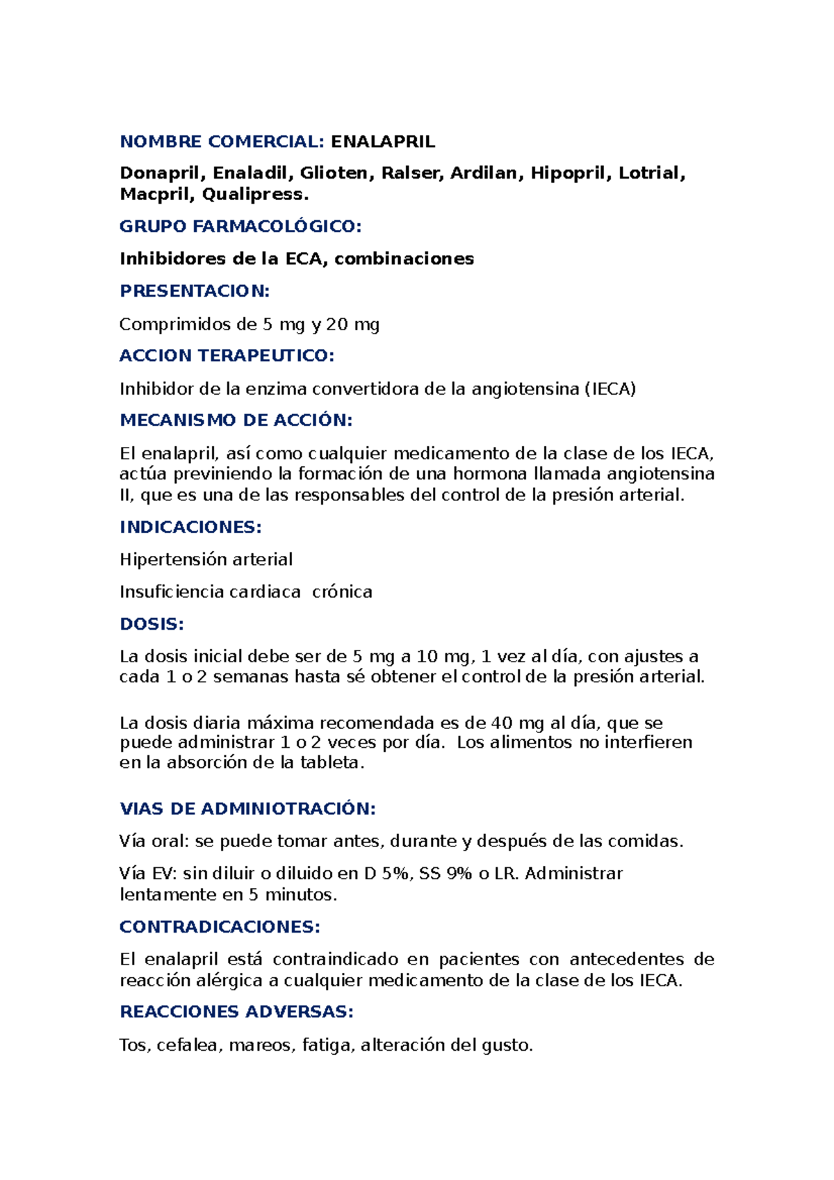 Diazepam - medicamento - NOMBRE COMERCIAL: ENALAPRIL Donapril, Enaladil ...