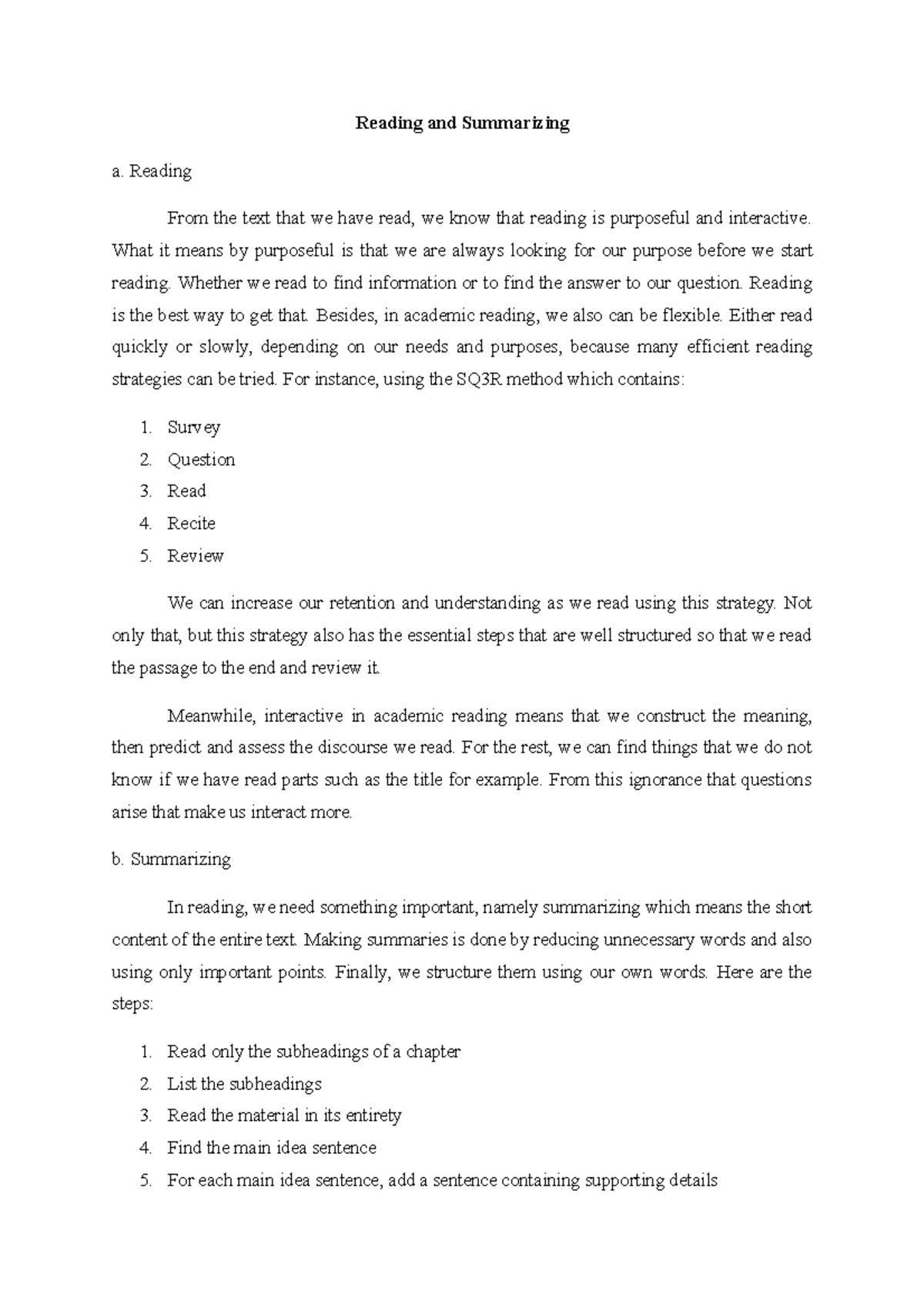 Reading and Summarizing - Reading From the text that we have read, we ...