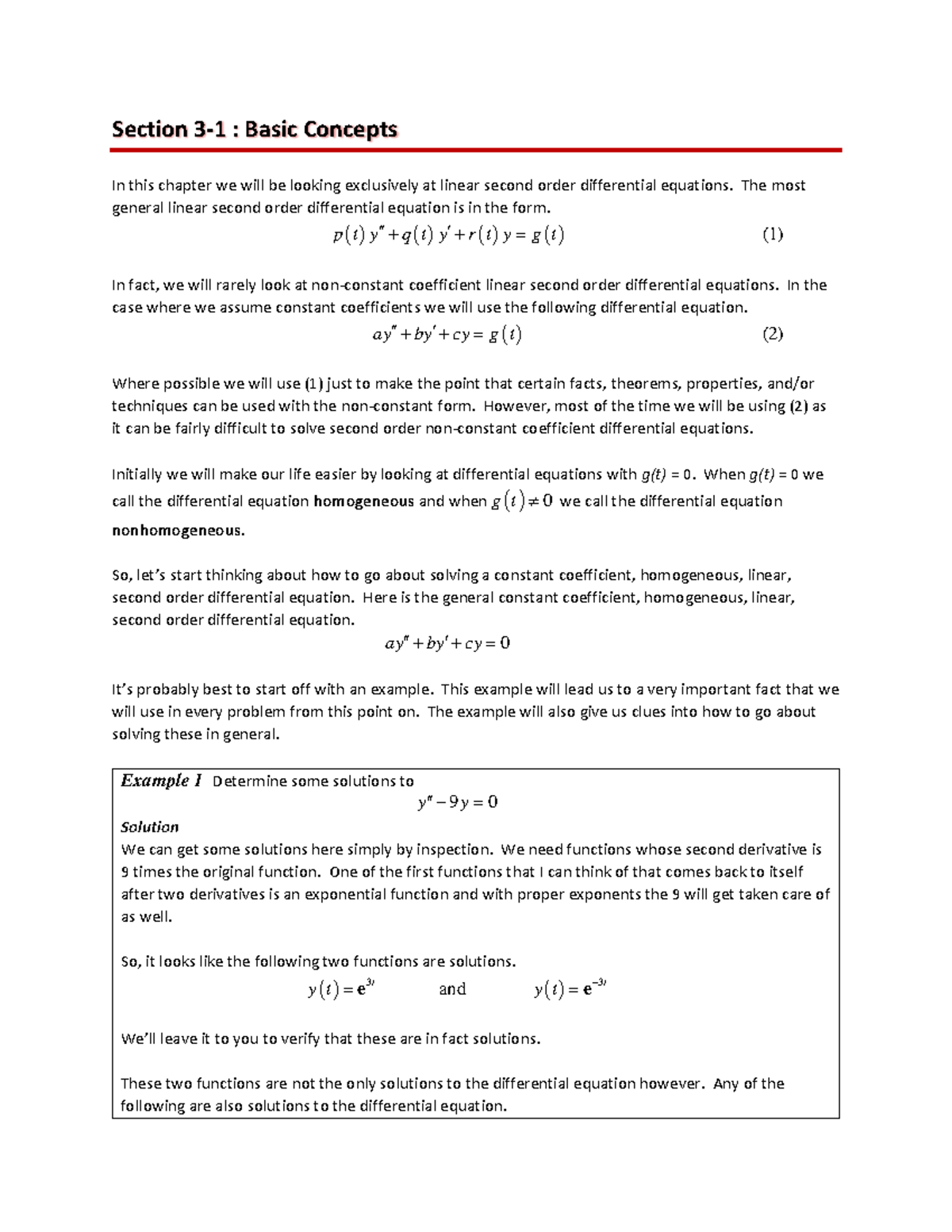 Introduction To Second Order Differential Equations Section 3 1