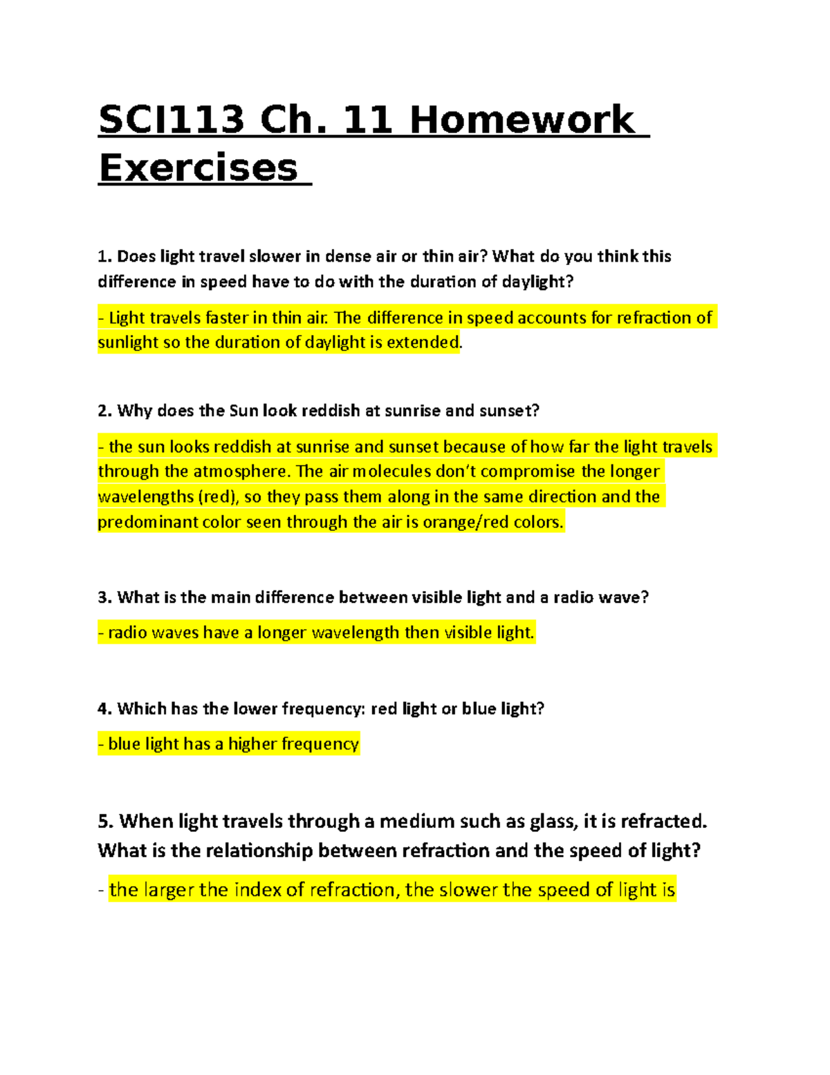 Chapter 11 homework - SCI113 Ch. 11 Homework Exercises Does light ...