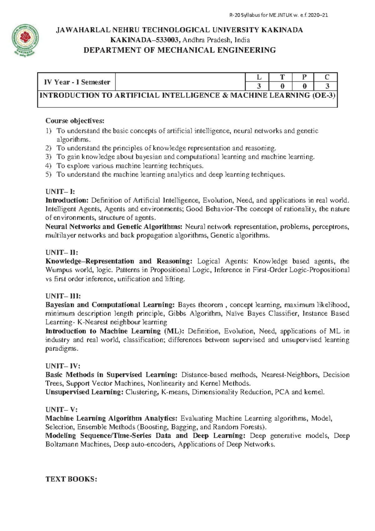 IAI&ML Syllabus - R-20 Syllabus for ME JNTUK w. e.f– JAWAHARLAL NEHRU TECHNOLOGICAL UNIVERSITY ...