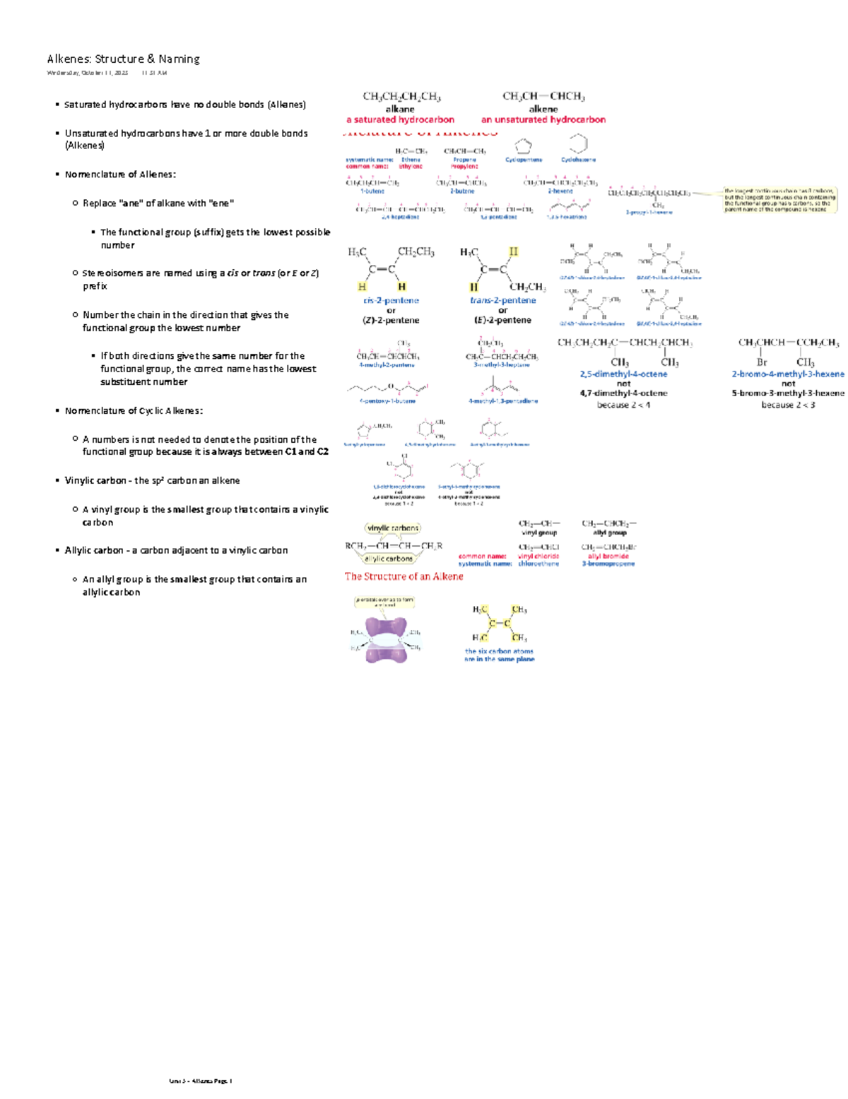 Unit 5 - Alkenes - Unit 5 of CHEM 2212 at UGA - • Saturated ...
