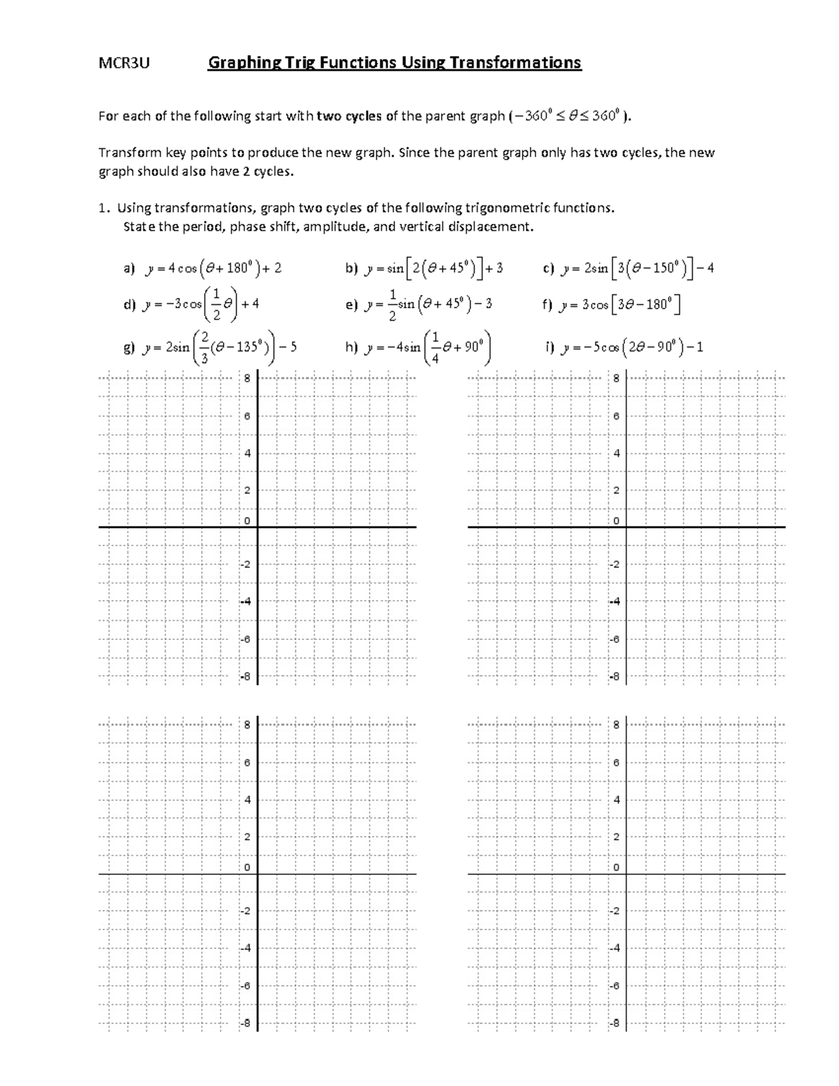 11u sinusoidal hw - none - MCR3U Graphing Trig Functions Using Transformations For each of the ...