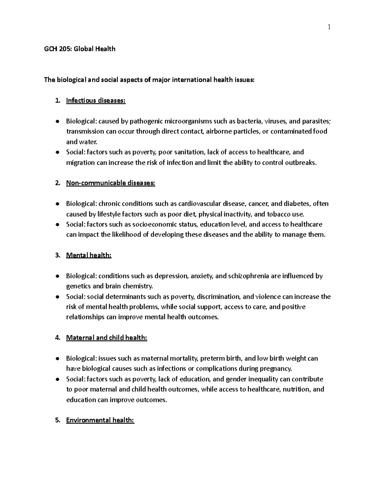 GCH 205 Global Health notes - 1 GCH 205: Global Health The biological ...
