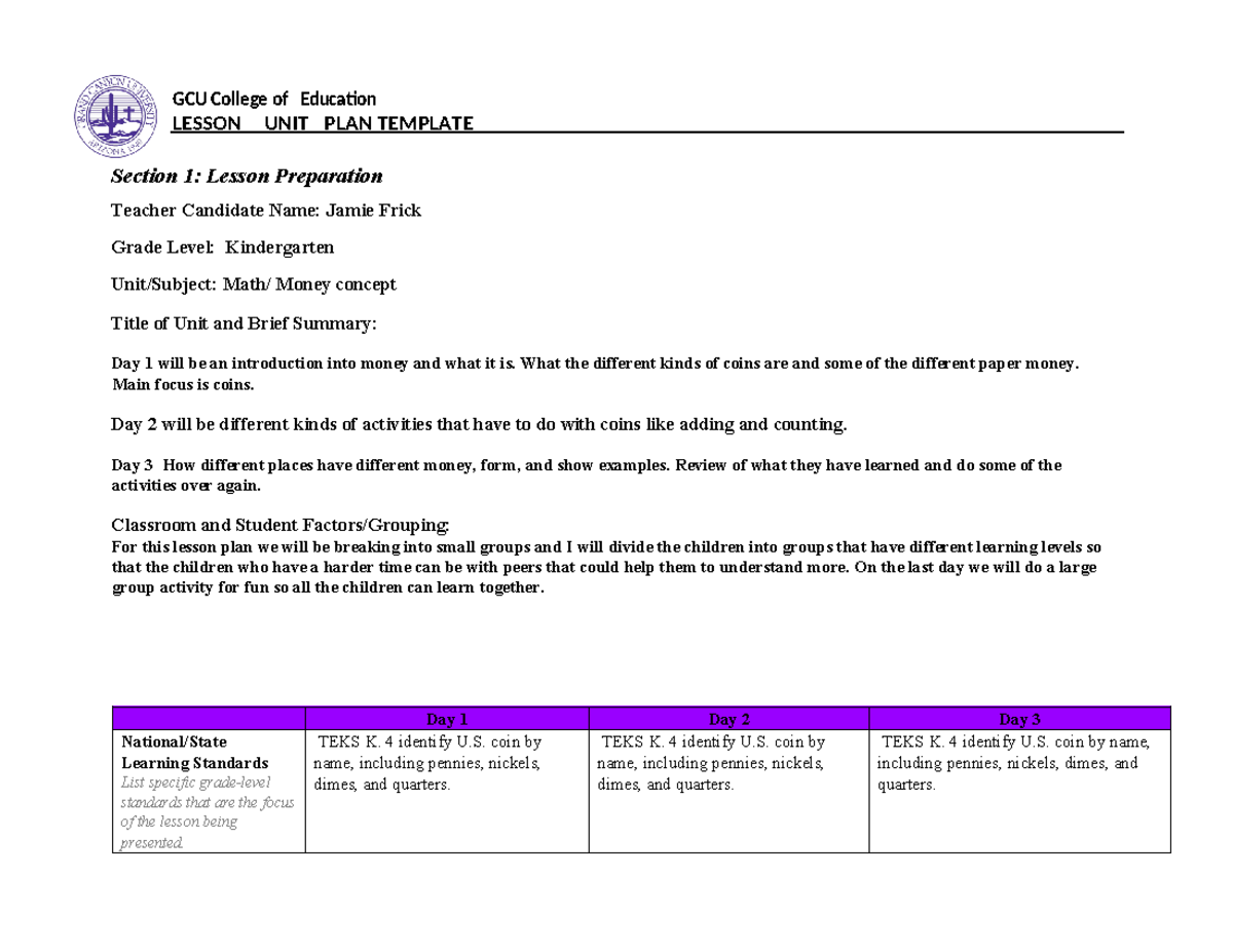 3-day unit plan template - Section 1: Lesson Preparation Teacher ...