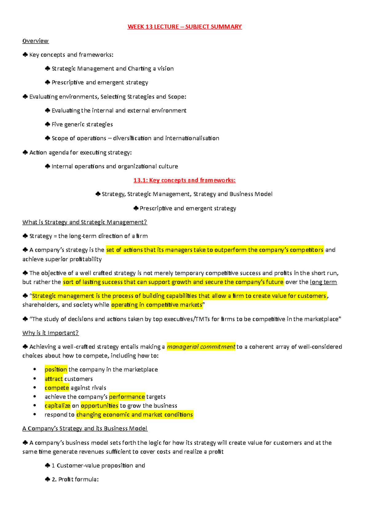 WEEK 13 Lecture - WEEK 13 LECTURE – SUBJECT SUMMARY Overview Key concepts and frameworks: - Studocu