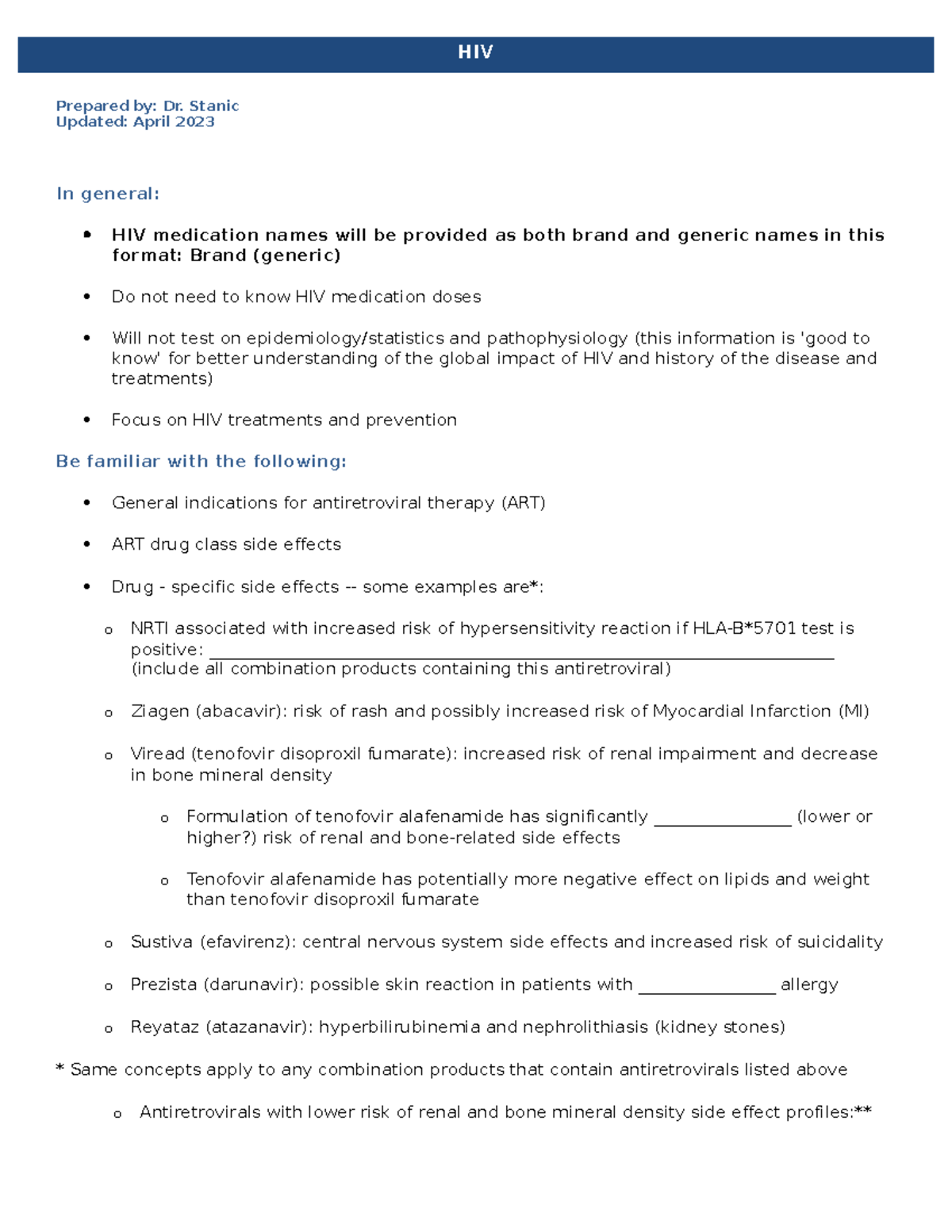 HIV Lecture Study Guide - Prepared by: Dr. Stanic Updated: April 2023 ...