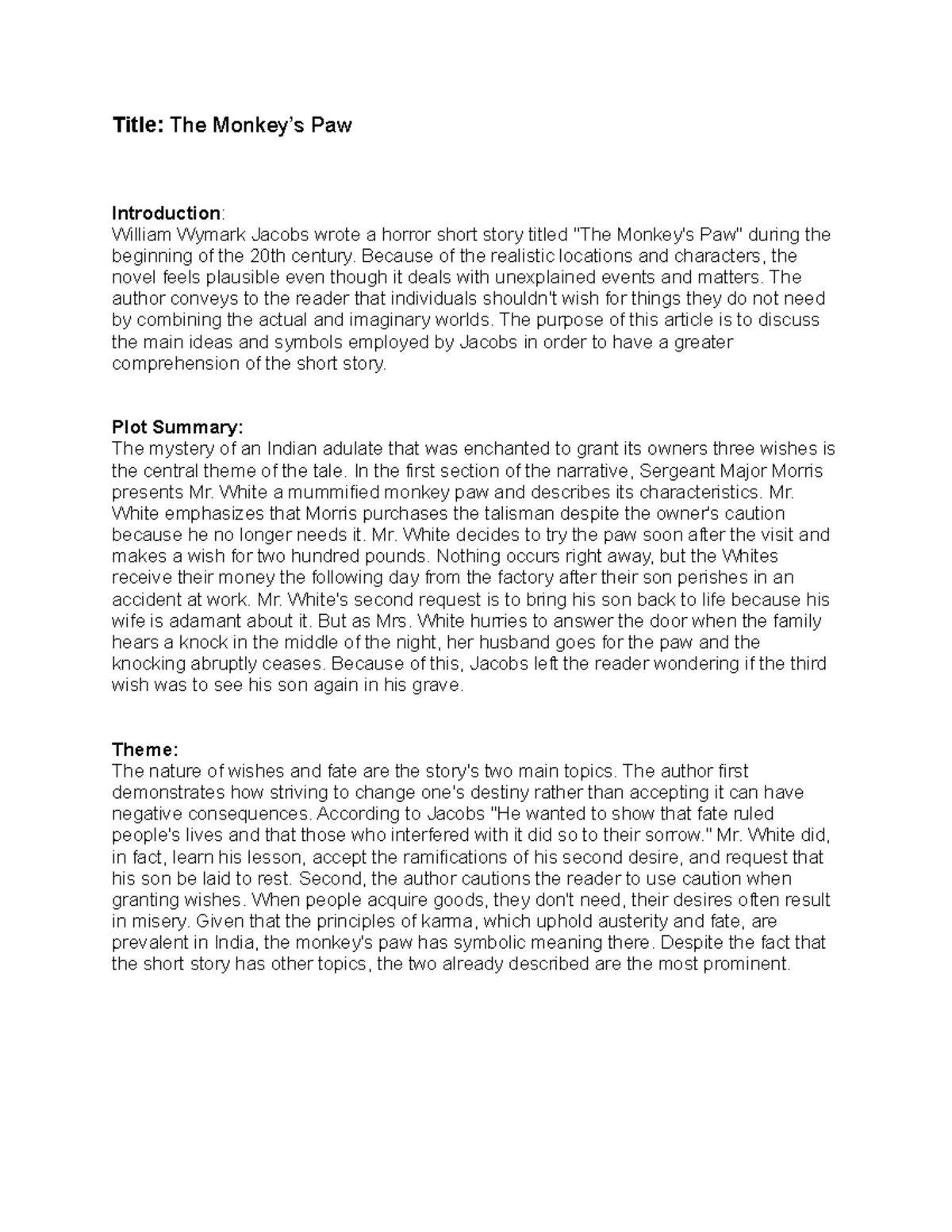 Title - analysis - Title: The Monkey’s Paw Introduction: William Wymark ...