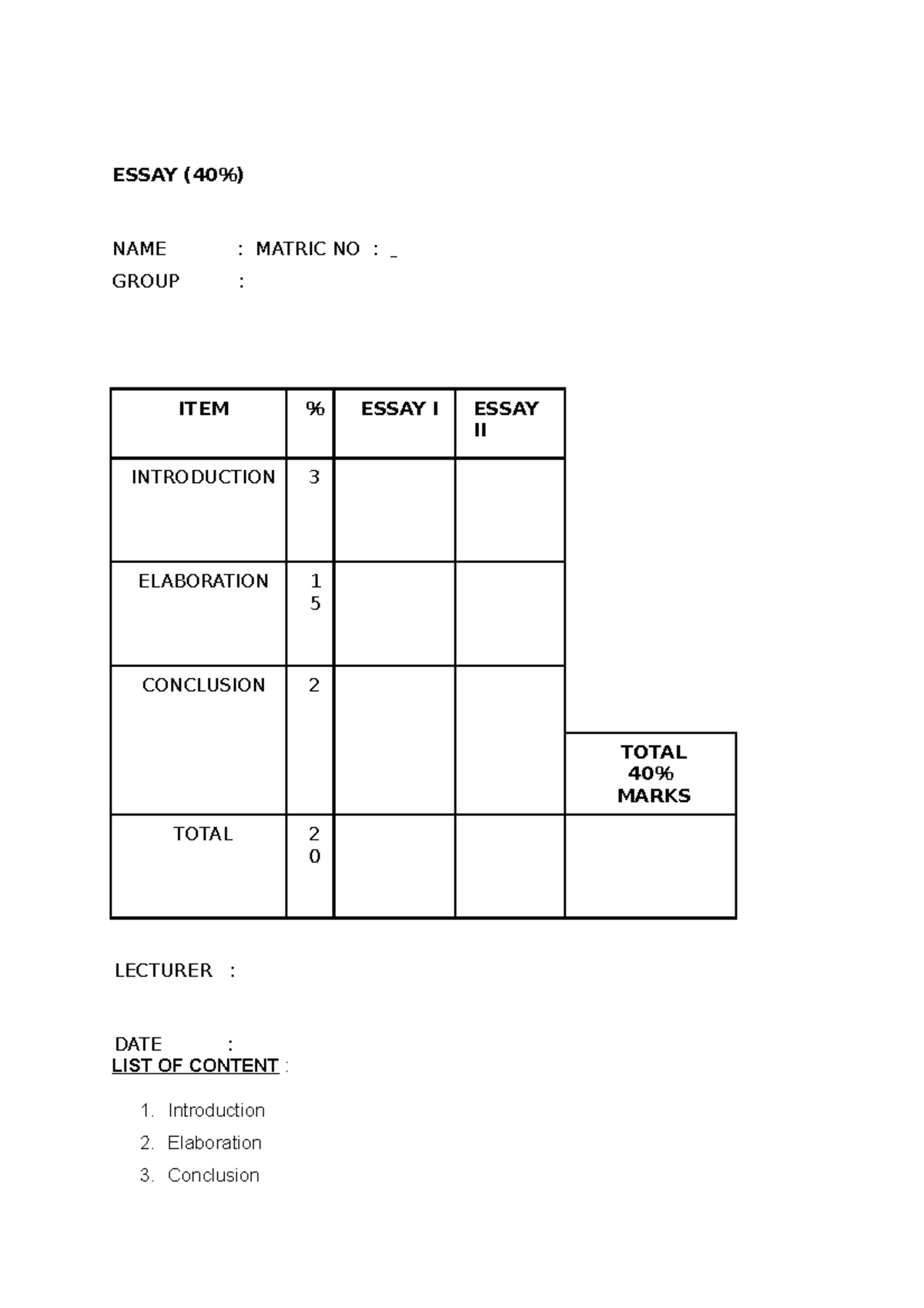 Essay Format Grade 4 ESSAY 40 NAME MATRIC NO GROUP ITEM essay-format-grade-4-essay-40-name-matric-no-group-item
