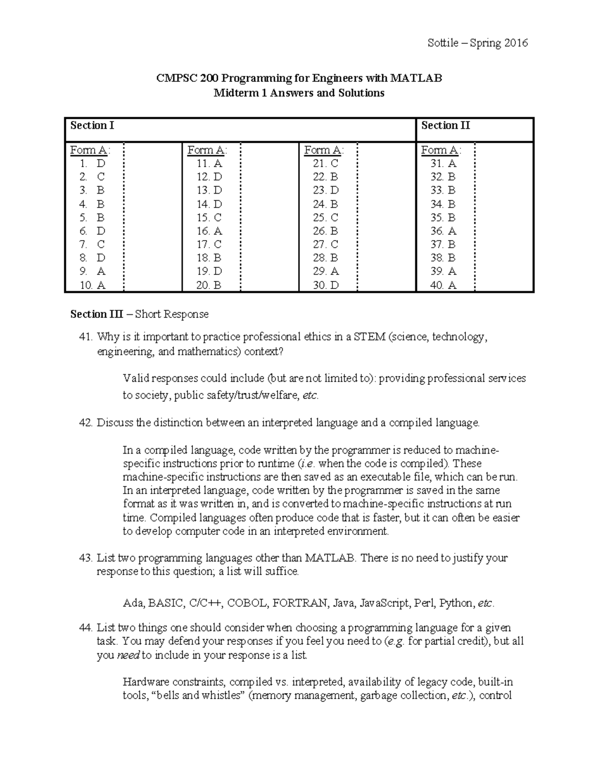 Cmpsc 200 Midterm 1 Spring 2016 Answers And Solutions Cmpsc 200 Programming For Engineers With