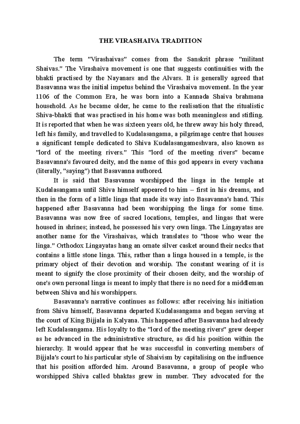 The Virashaiva tradition - THE VIRASHAIVA TRADITION The term ...