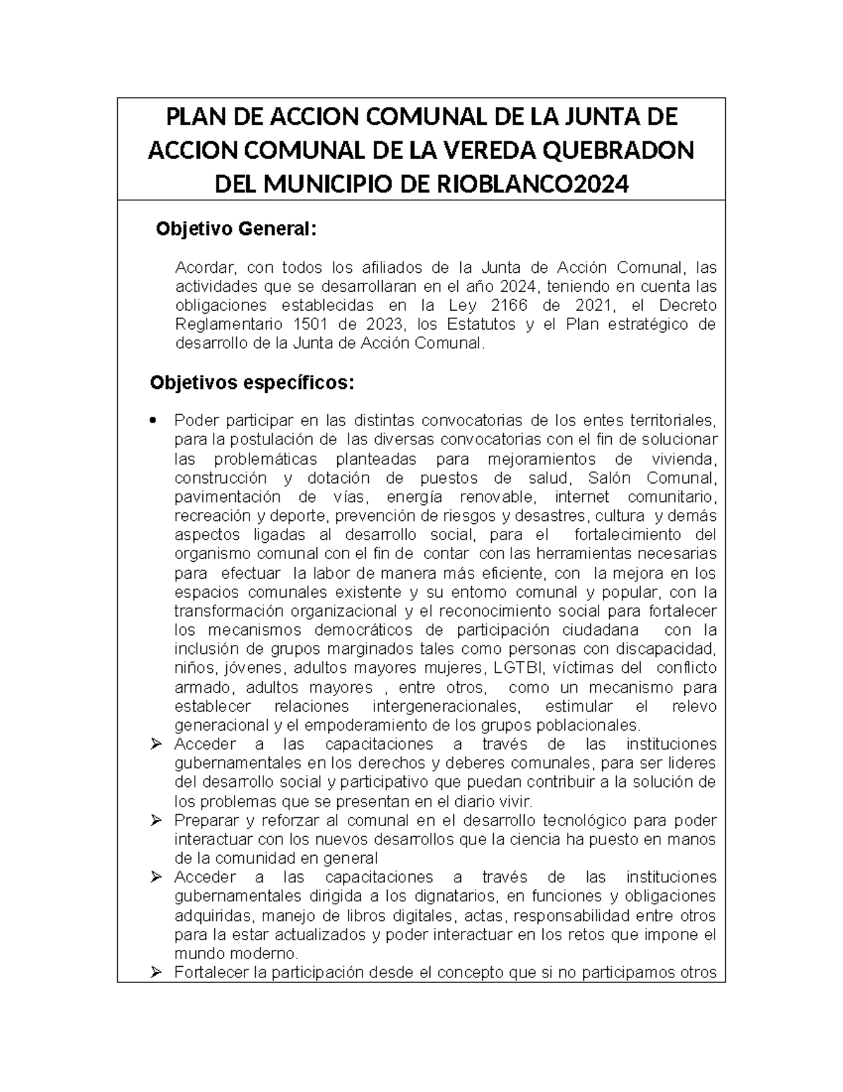 PLAN DE Accion Comunal Quebradon - 2024 - PLAN DE ACCION COMUNAL DE LA JUNTA DE ACCION COMUNAL ...