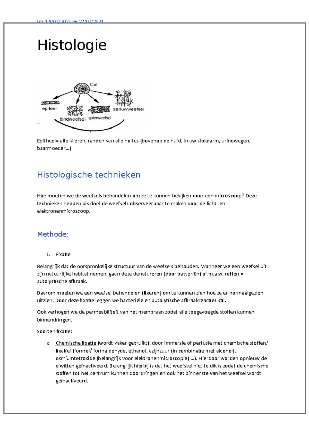 Histologische technieken - Histologie Epitheel= alle klieren, randen ...