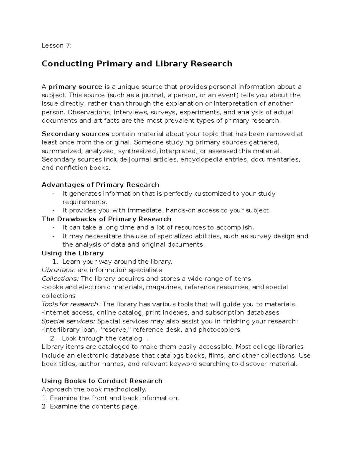 Lesson 7 Conducting Primary and Library Research - This source (such as ...