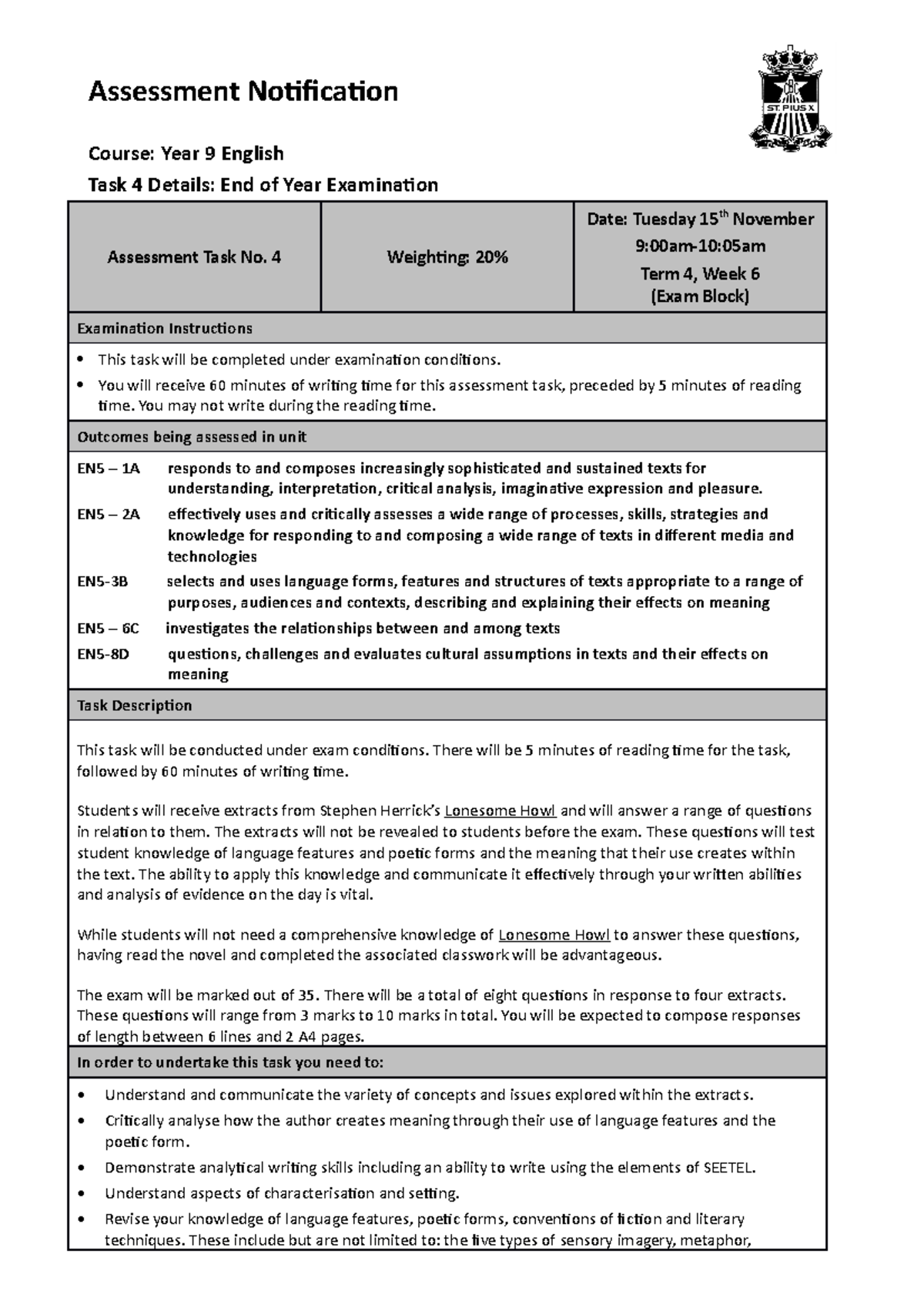 9 3 Assessment Notification Assessment Notification Course Year 9