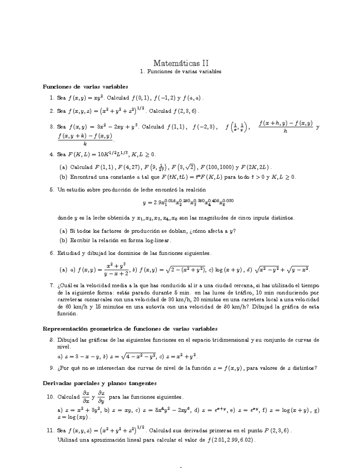 Problemastema 1 - Ejercicios del tema 1 - Matem·ticas II Funciones de varias variables Funciones ...