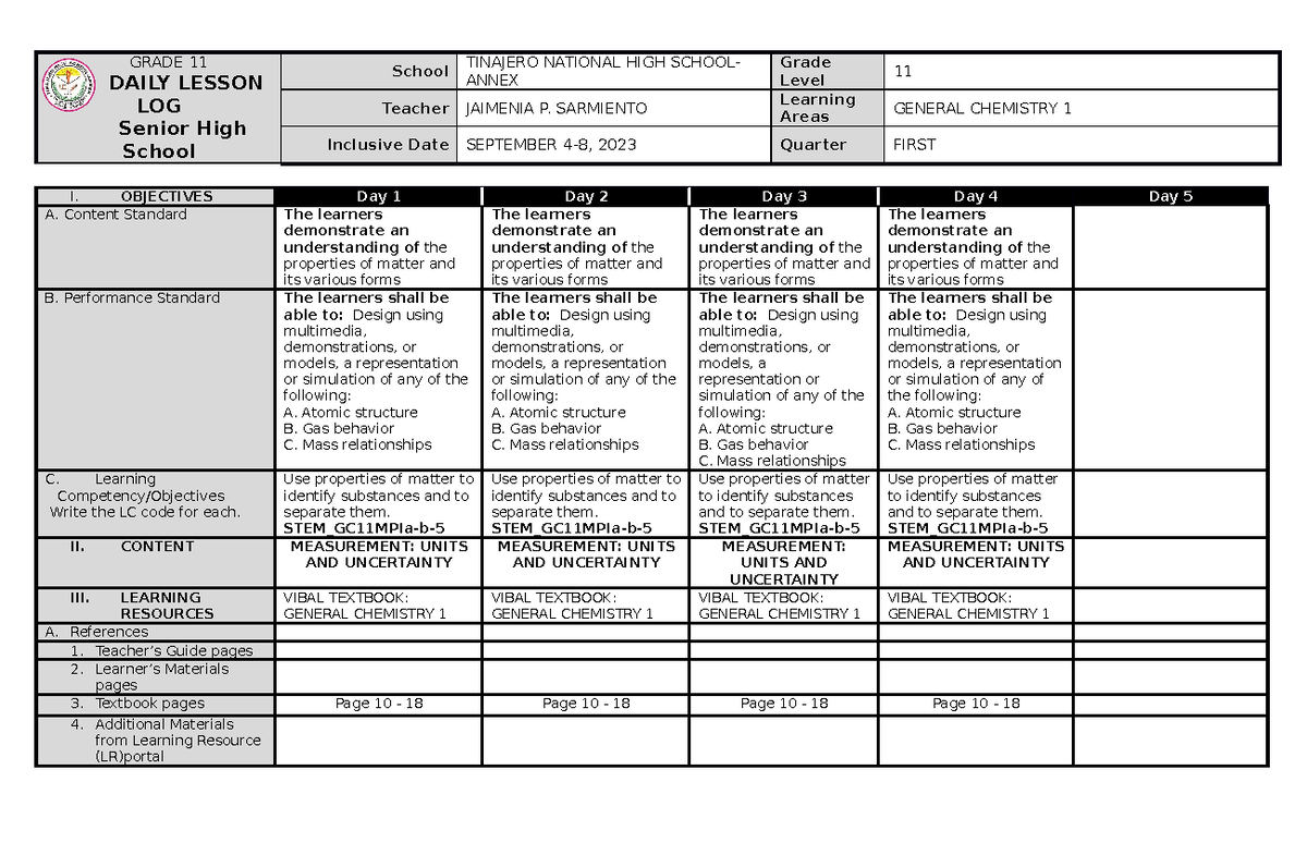 DLL WEEK 2 General Chem 1 - GRADE 11 DAILY LESSON LOG Senior High ...