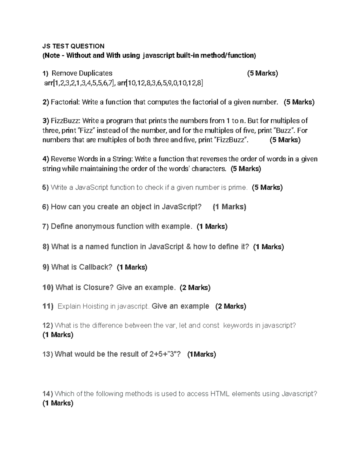 JS TEST Question - test - JS TEST QUESTION (Note - Without and With ...