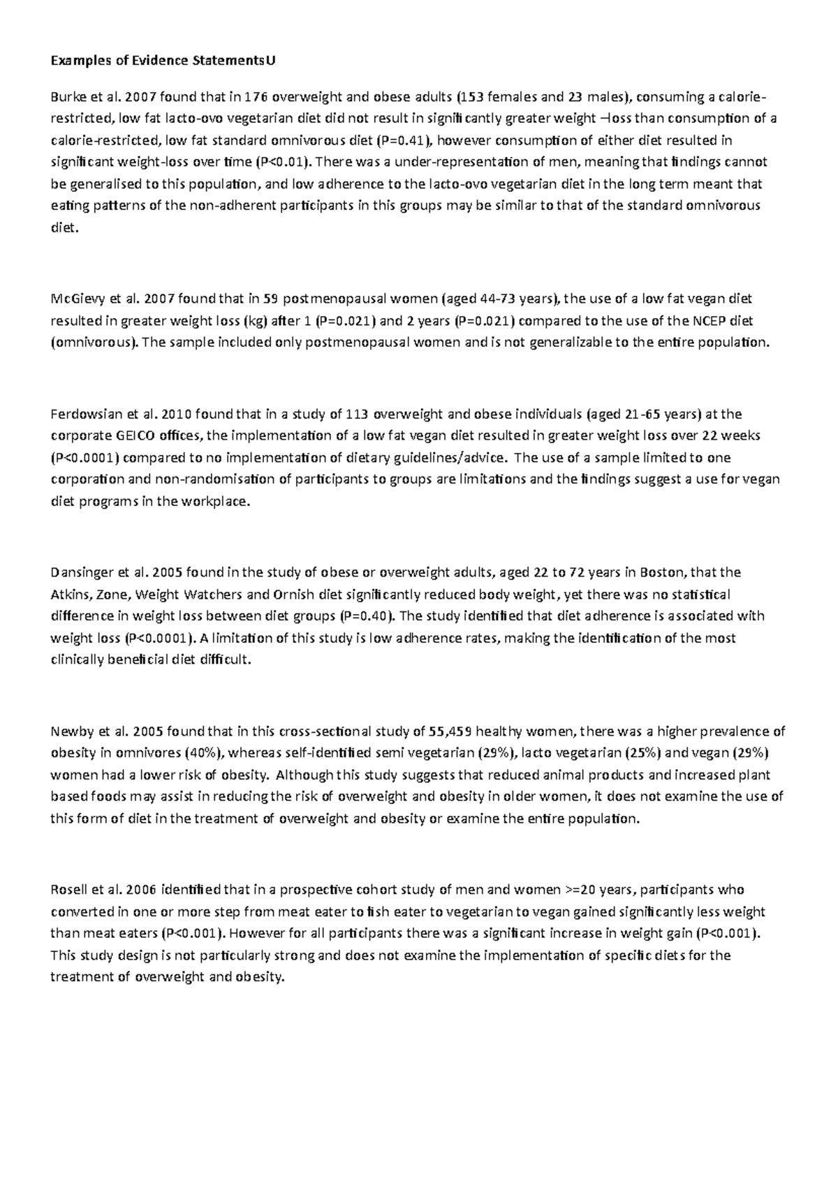 NUT351 examples of evidence statements - Examples of Evidence ...