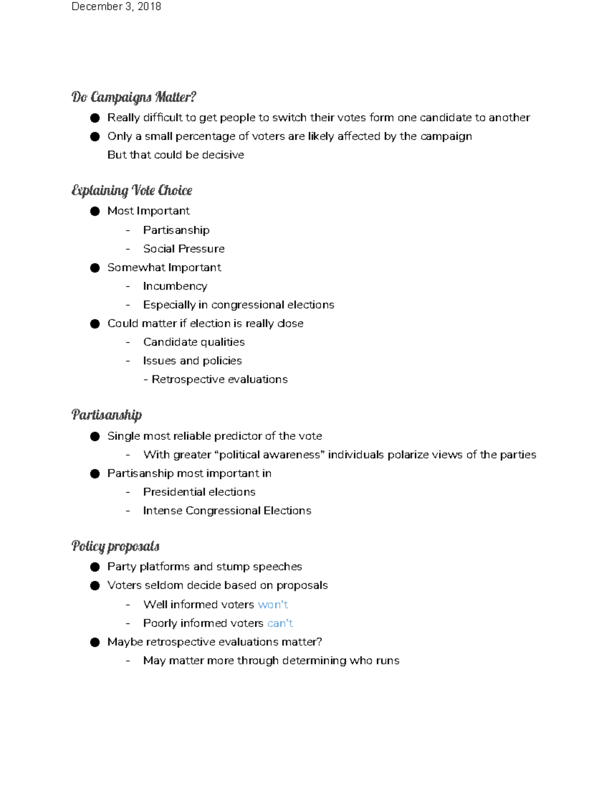 POL 102 Notes 1 - Campaigns - December 3, 2018 Do Campaigns Matter ...