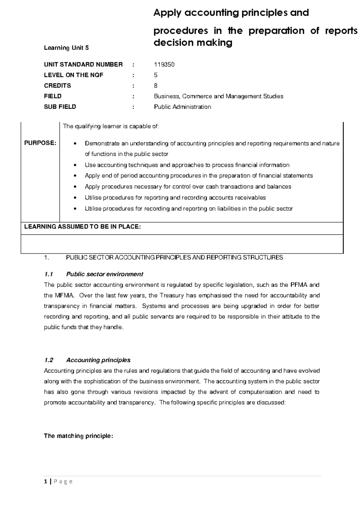 Apply accounting principles and Procedures - Learning Unit 5 UNIT ...