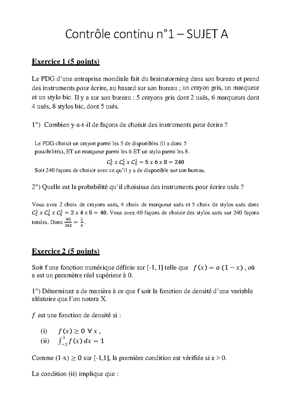 CC statistiques avec correction - Contrôle continu n°1 – SUJET A Exercice 1 (5 points) Le PDG d ...