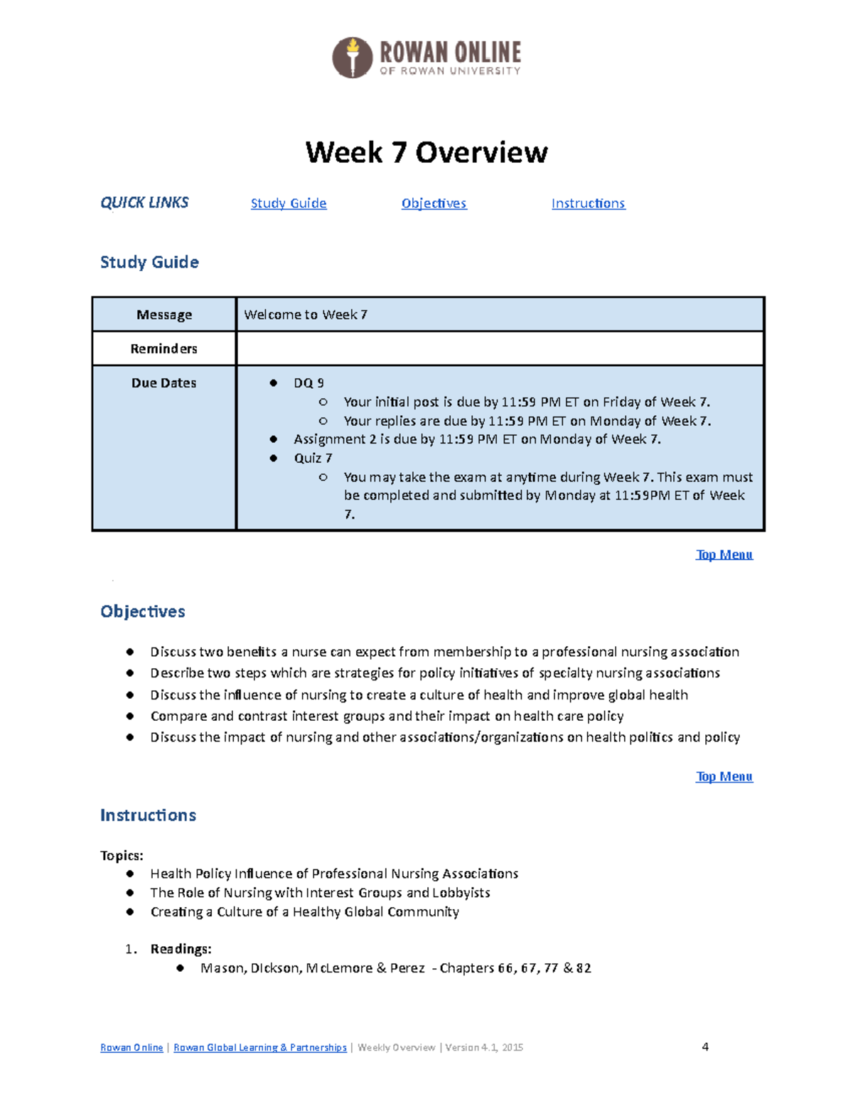 Week 7 Overview - V2.0 - OL-7 - Week 7 Overview QUICK LINKS Study Guide Objectives Instructions ...