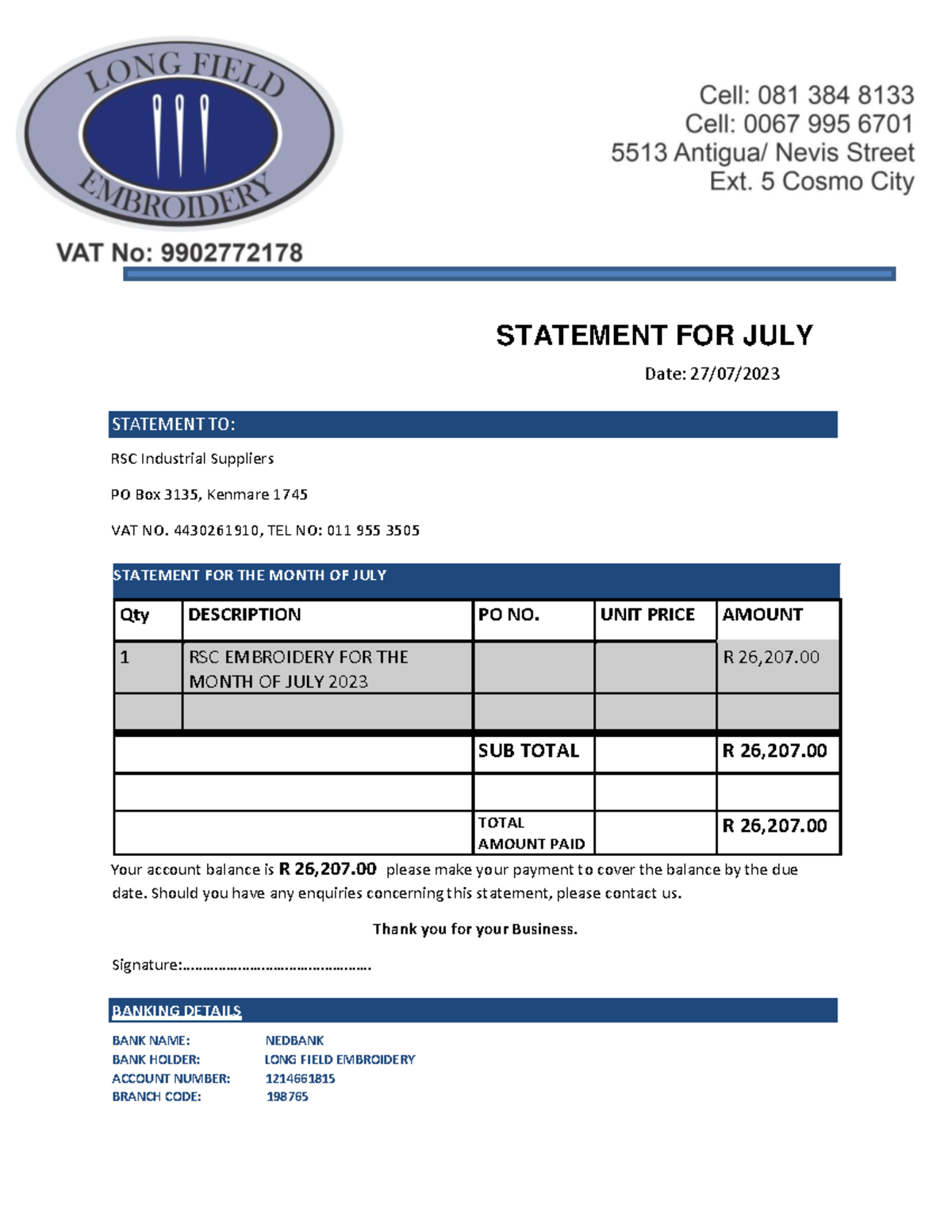 Statement FOR JULY - STATEMENT FOR JULY Date: 27 / 07 / STATEMENT TO ...