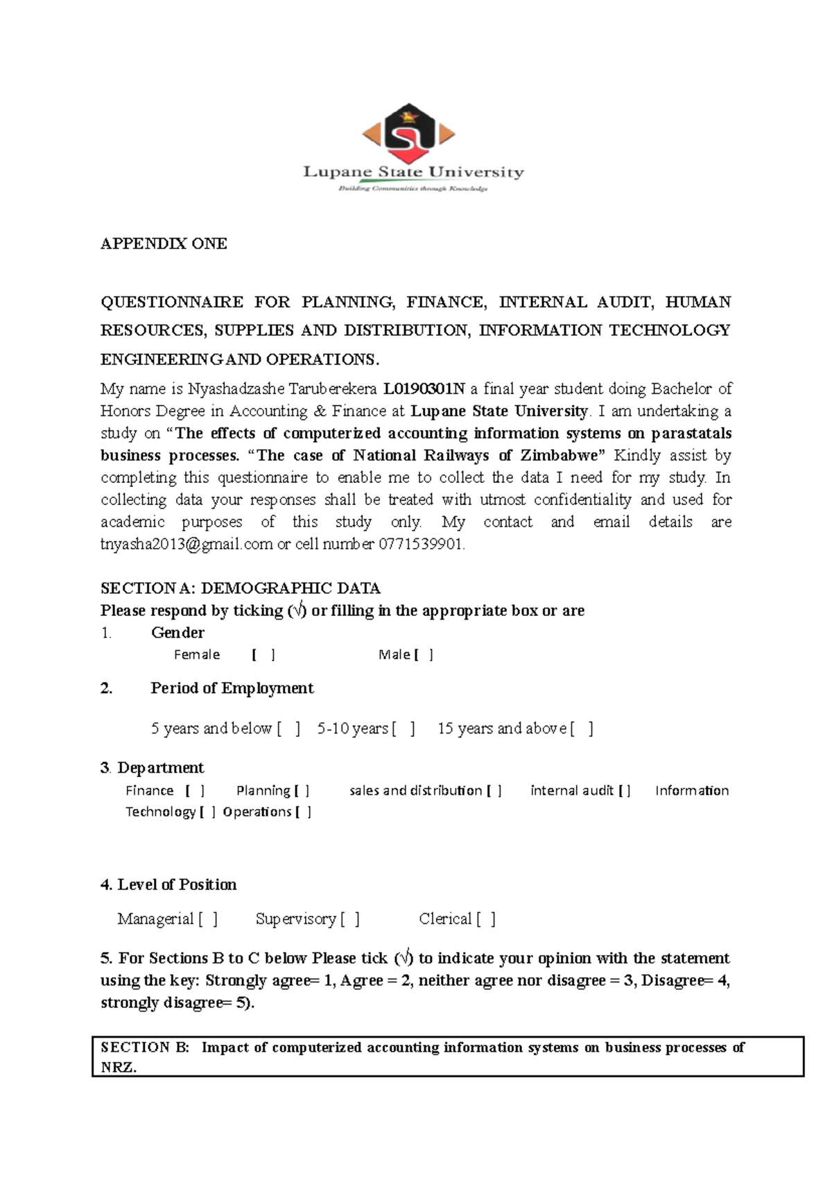 Appendix ONE(3) Taruberekera - APPENDIX ONE QUESTIONNAIRE FOR PLANNING ...