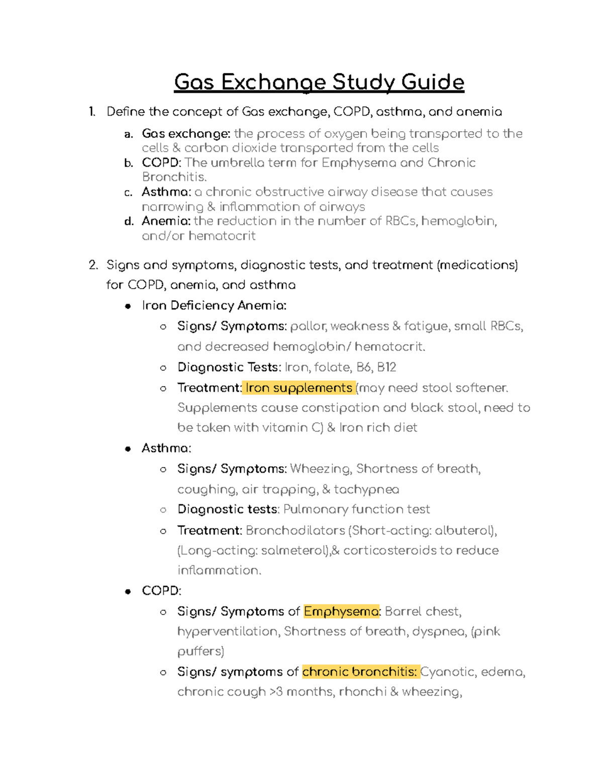 Study Guide : Gas exchange NSG 170 - Gas Exchange Study Guide Define ...
