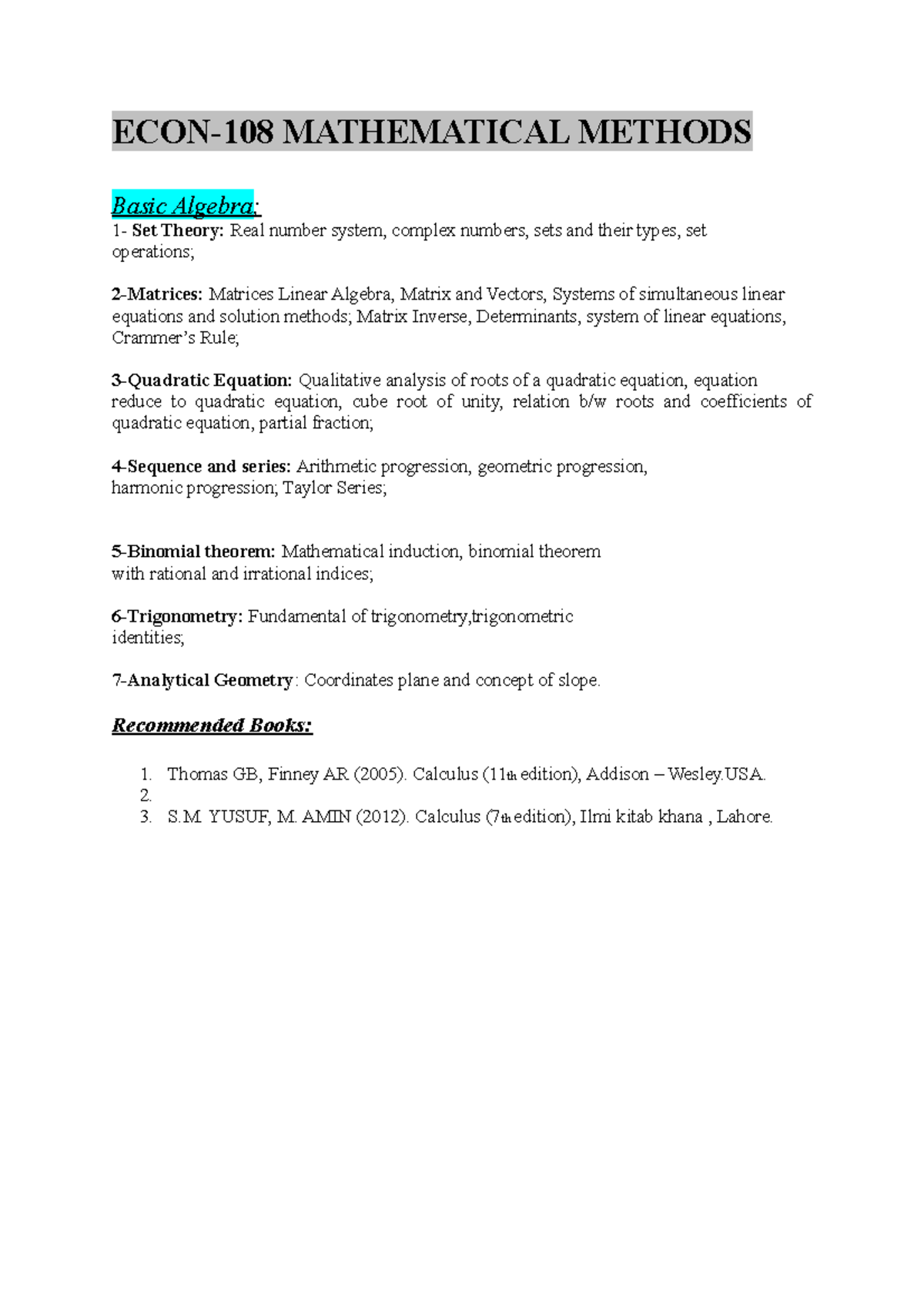 Syllabus of Mathematical Methods - ECON-108 MATHEMATICAL METHODS Basic ...