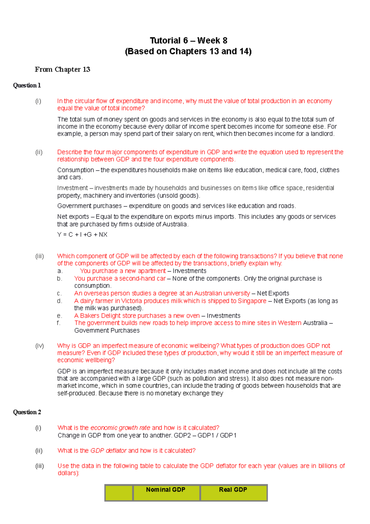 Week 8 Questions - Week 8 - Tutorial 6 – Week 8 (Based on Chapters 13 and 14) From Chapter 13 ...
