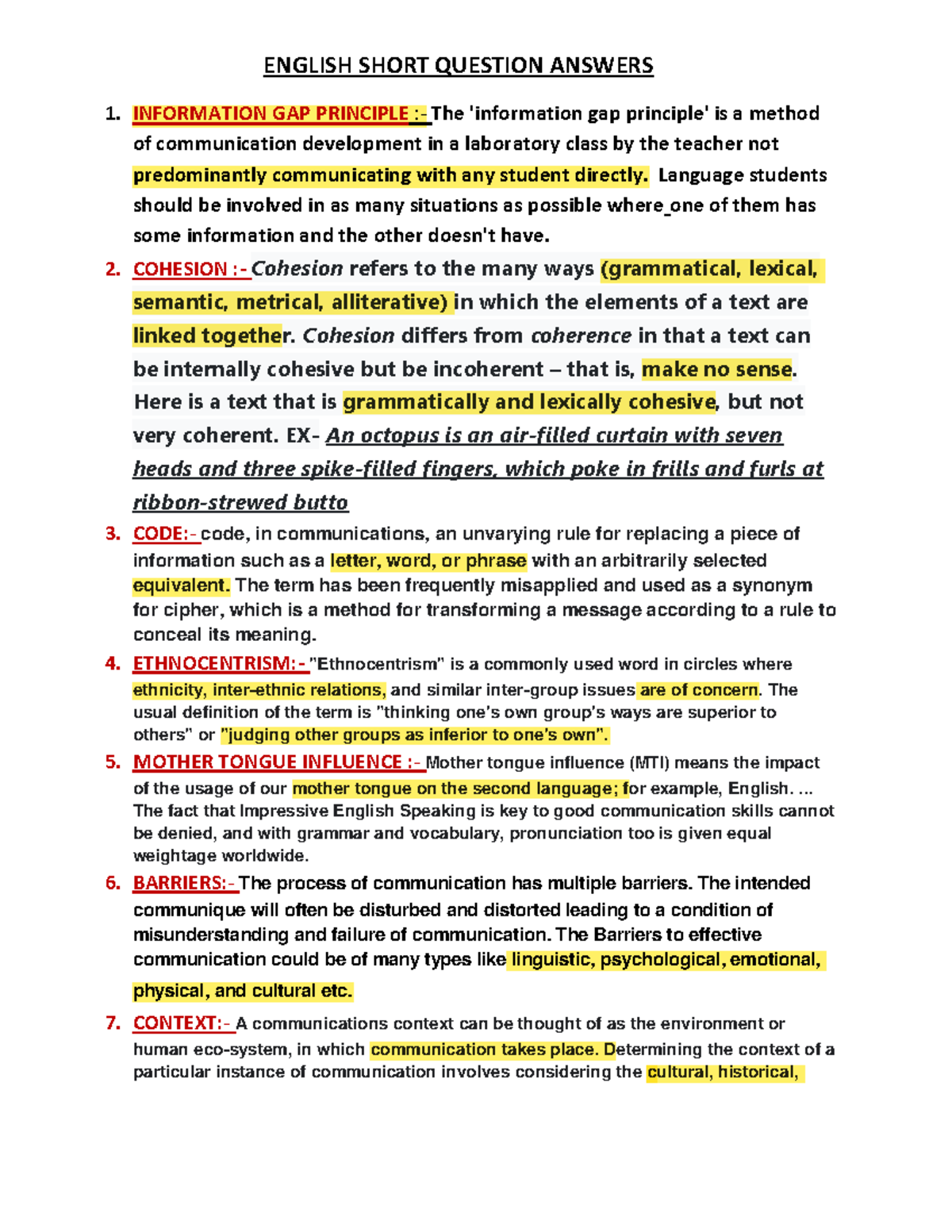 English Short Question Answers - ENGLISH SHORT QUESTION ANSWERS 1 ...