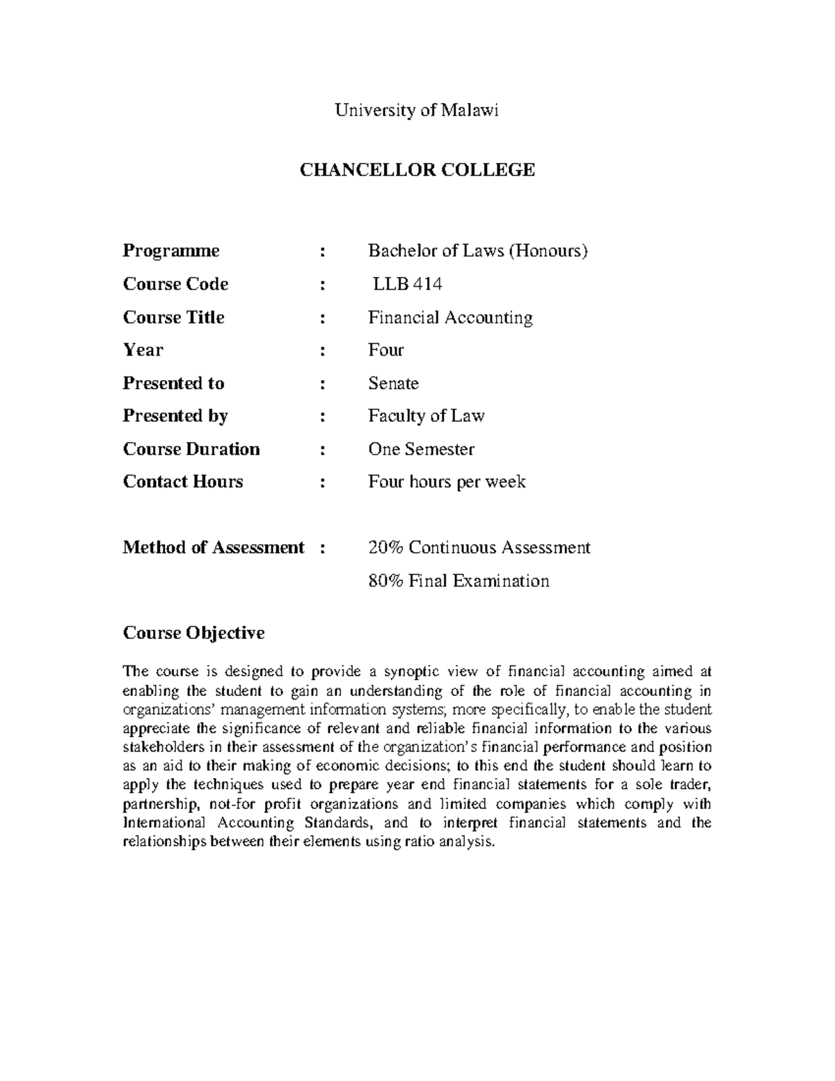 Course Outline - University of Malawi CHANCELLOR COLLEGE Programme ...