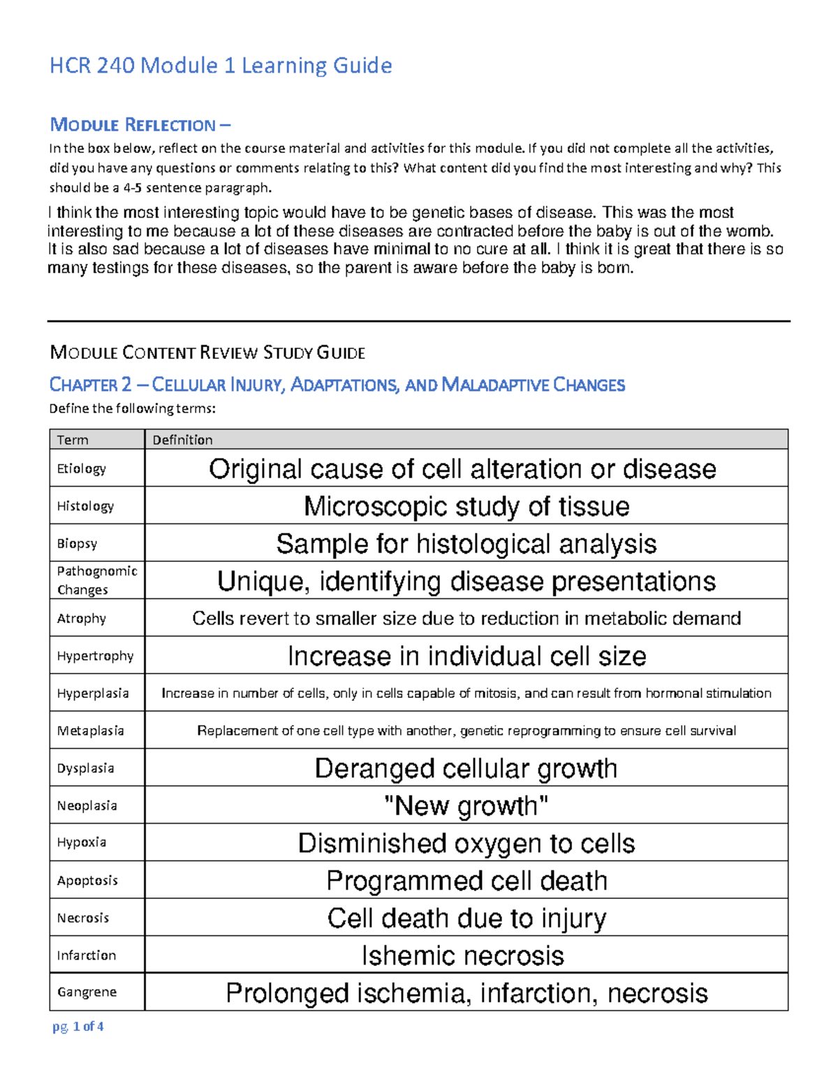 HCR 240 Module 1 Learning Guide - M ODULE REFLECTION – In the box below ...