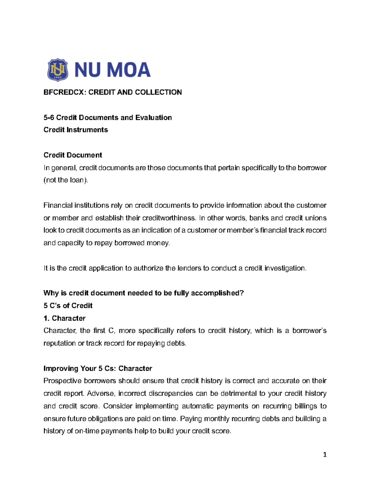 Credit and Collection Module 3 - BFCREDCX: CREDIT AND COLLECTION 5-6 ...