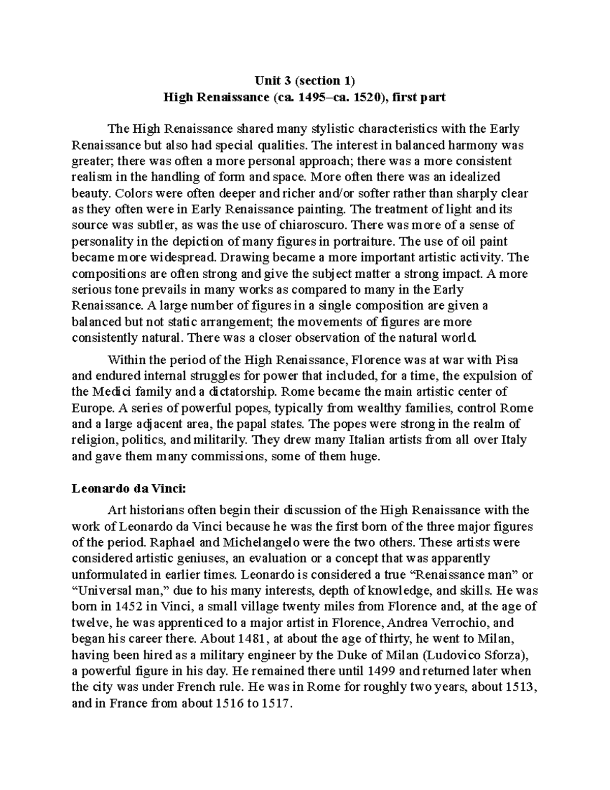 Unit 3 (section 1) High Renaissance - Unit 3 (section 1) High ...