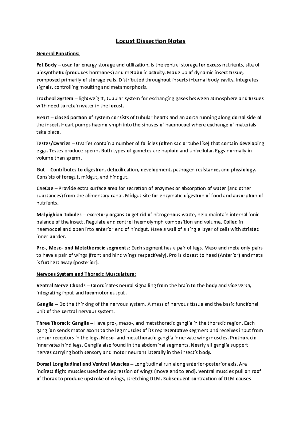 Locust Dissection Notes - Locust Dissection Notes General Functions ...