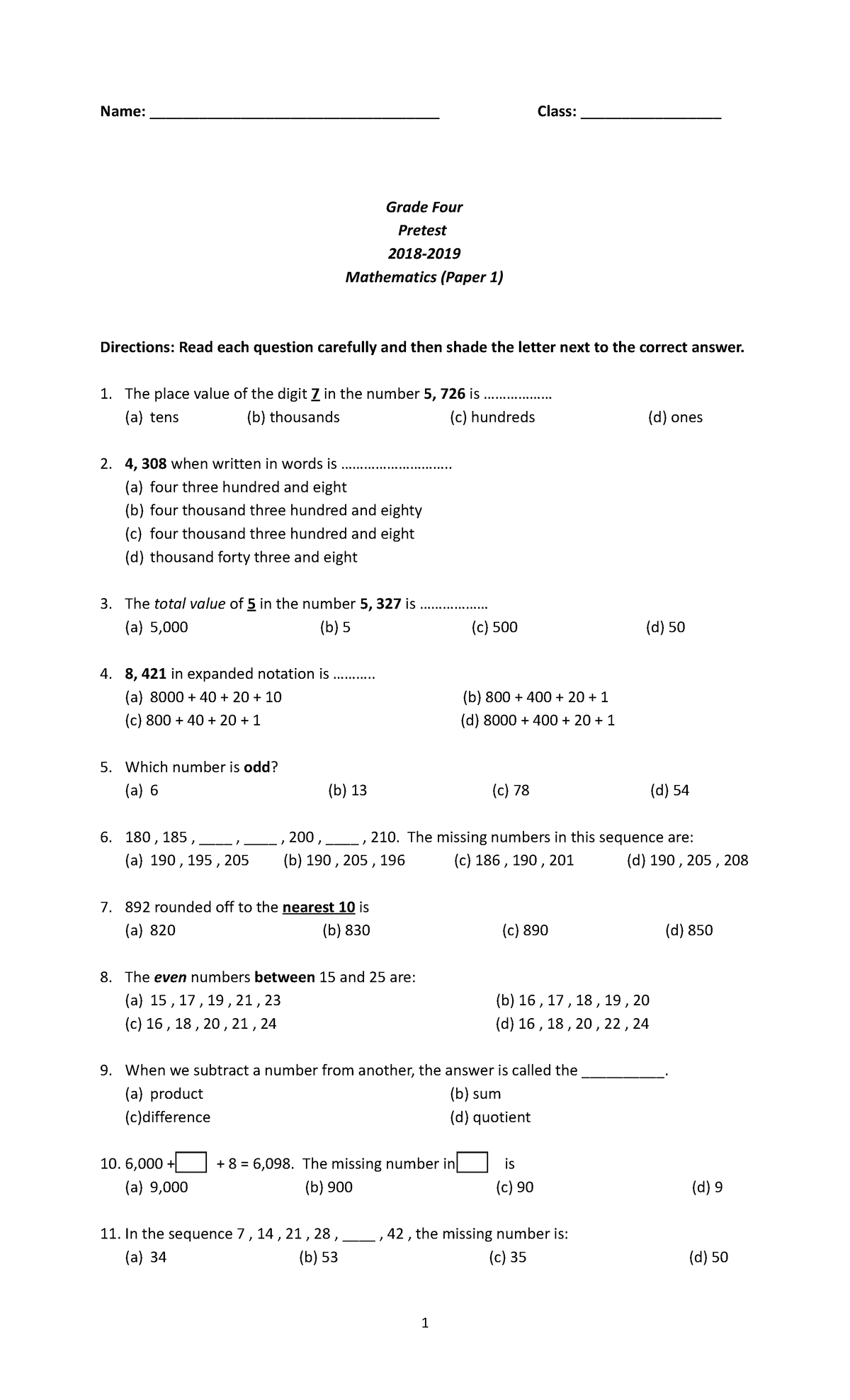 Grade 4 1st term pretest Math MC 2018 - Name ...