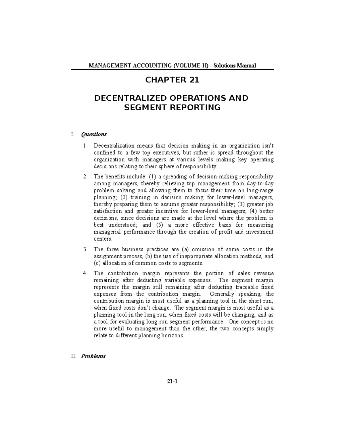 Chapter 9 Decentralized Operations and Segment Reporting - MANAGEMENT ...