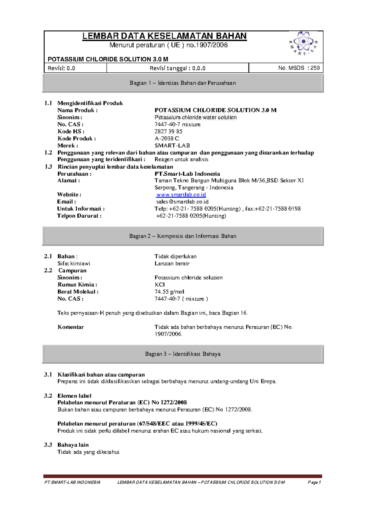 MSDS Potassium Chloride Solution 3 - Menurut peraturan ( UE ) no ...