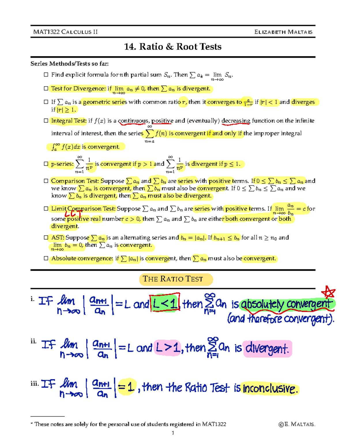 Notes 14 -ratio and root Test - MAT1322 CALCULUSII ELIZABETHMALTAIS ...