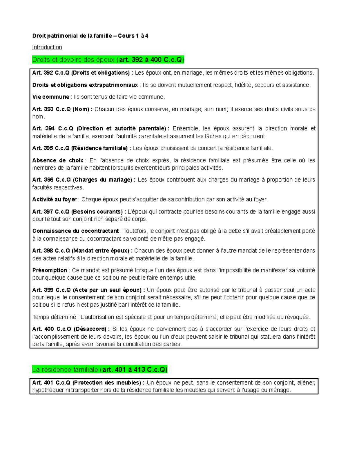 Articles de lois + juris (cours 1-4) - Droit patrimonial de la famille ...