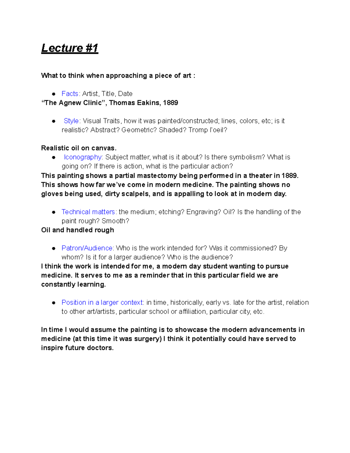 Intro to Fine Arts Notes - Lecture What to think when approaching a ...