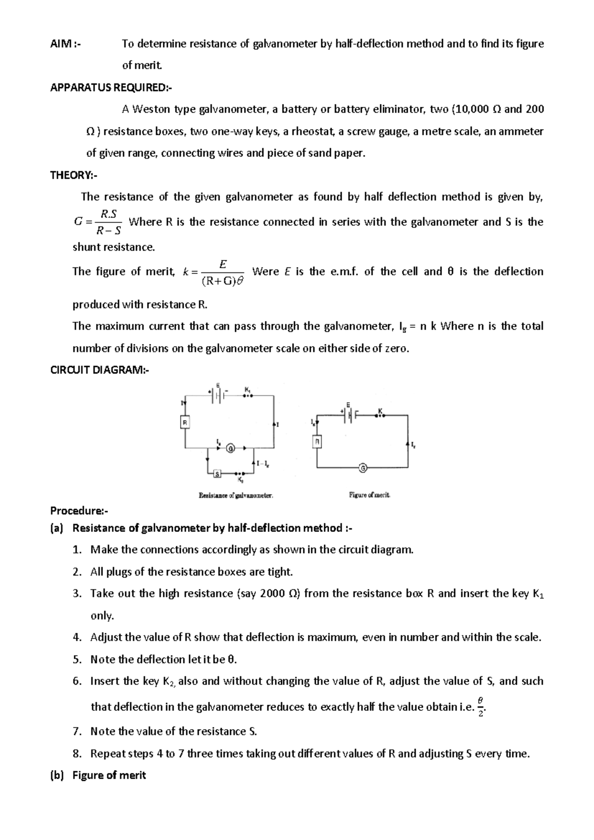 Expt-04 - PHYSICS - AIM :- To determine resistance of galvanometer by half-deflection method and ...