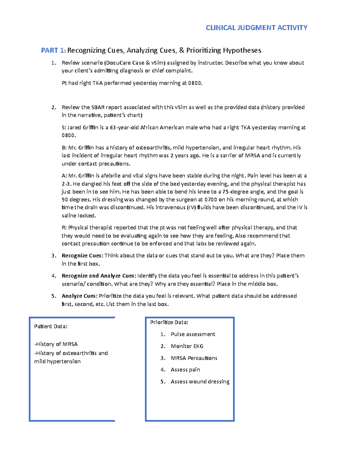 Pre-Sim Clinical Judgment Worksheet Jared Griffin - CLINICAL JUDGMENT ...
