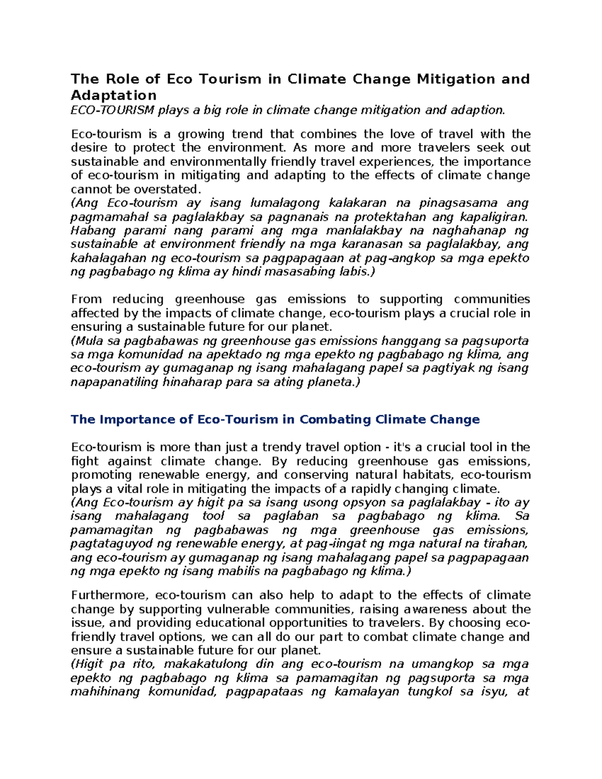 The Role of Eco Tourism in Climate Change Mitigation and Adaptation ...