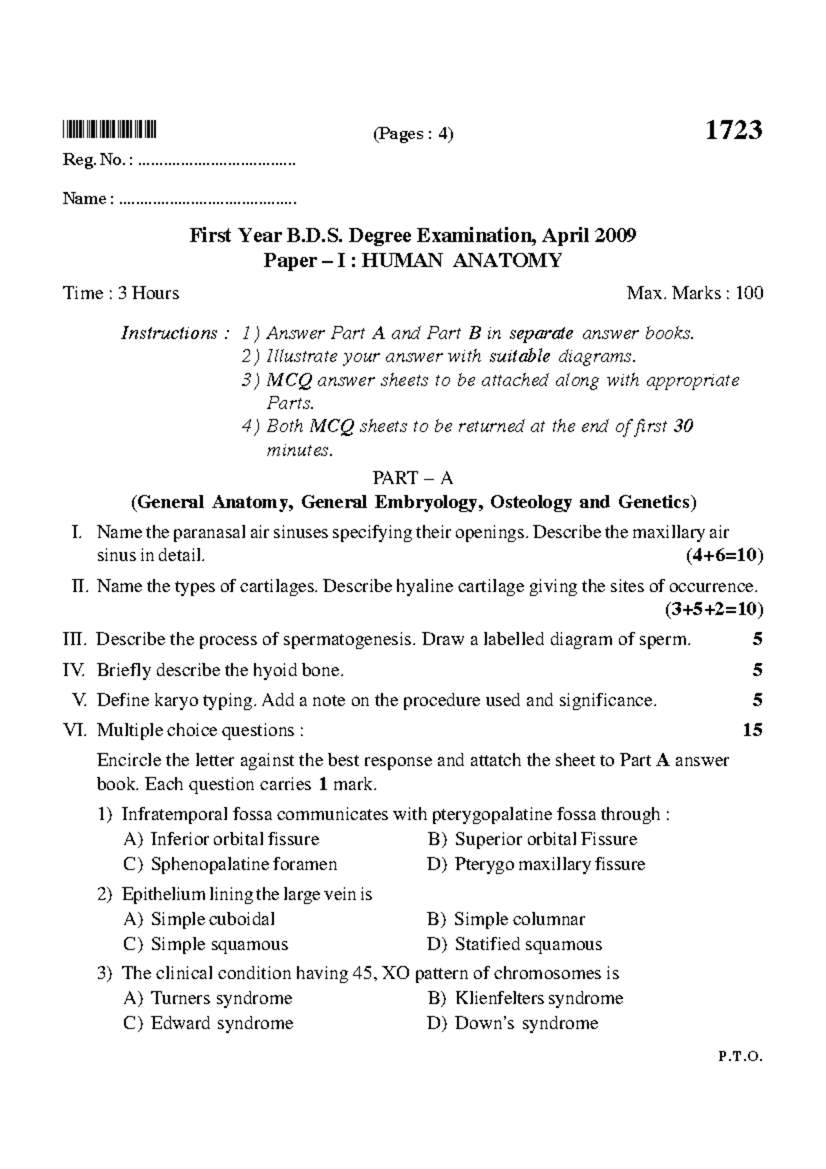 Kerala University BDS 1st Year Previous Years Question Papers BIUPQB 