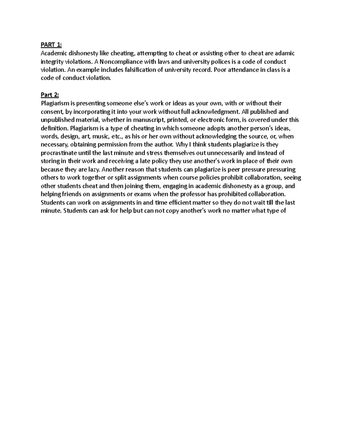 Reflection Gcu Code Of Conduct Part 1 Academic Dishonesty Like Cheating Attempting To Cheat