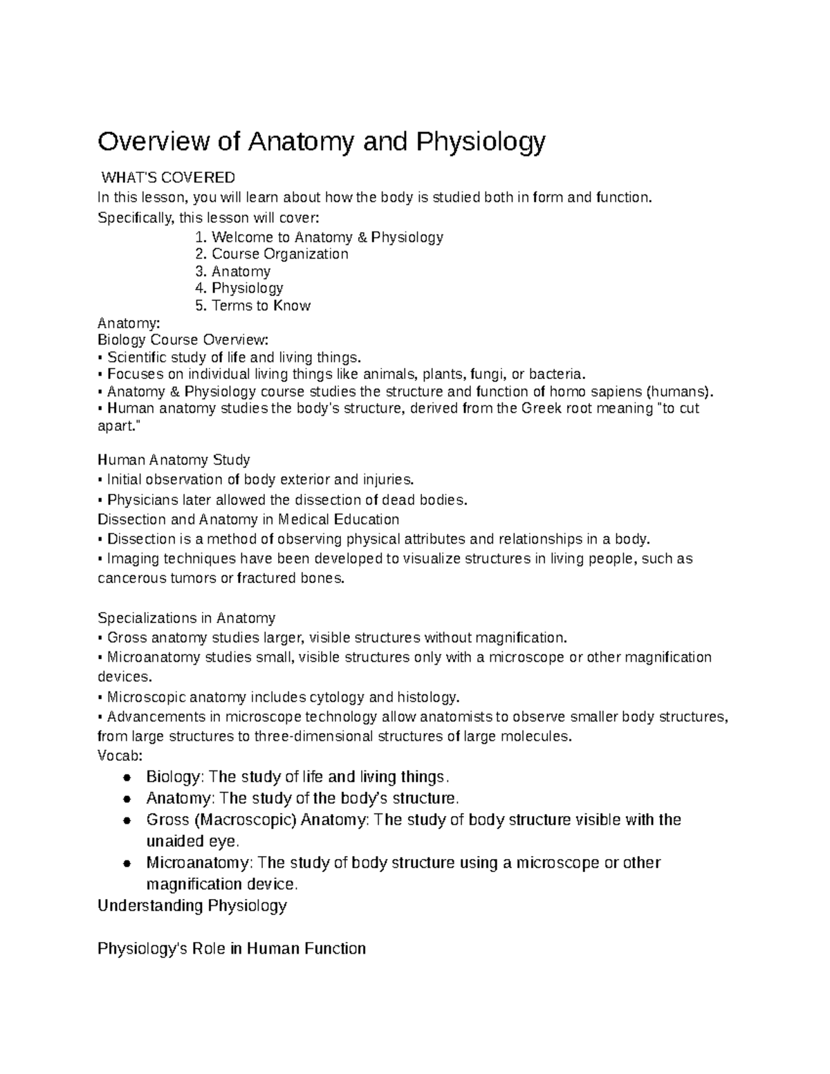 Unit 1 Class Notes Anatomy and Physiology - Google Docs - Overview of ...